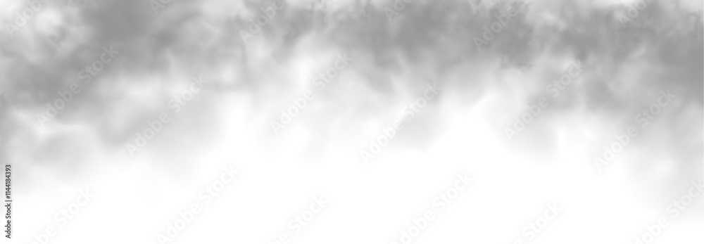 Grey smoke puff, white background and studio with no people with fog in ...