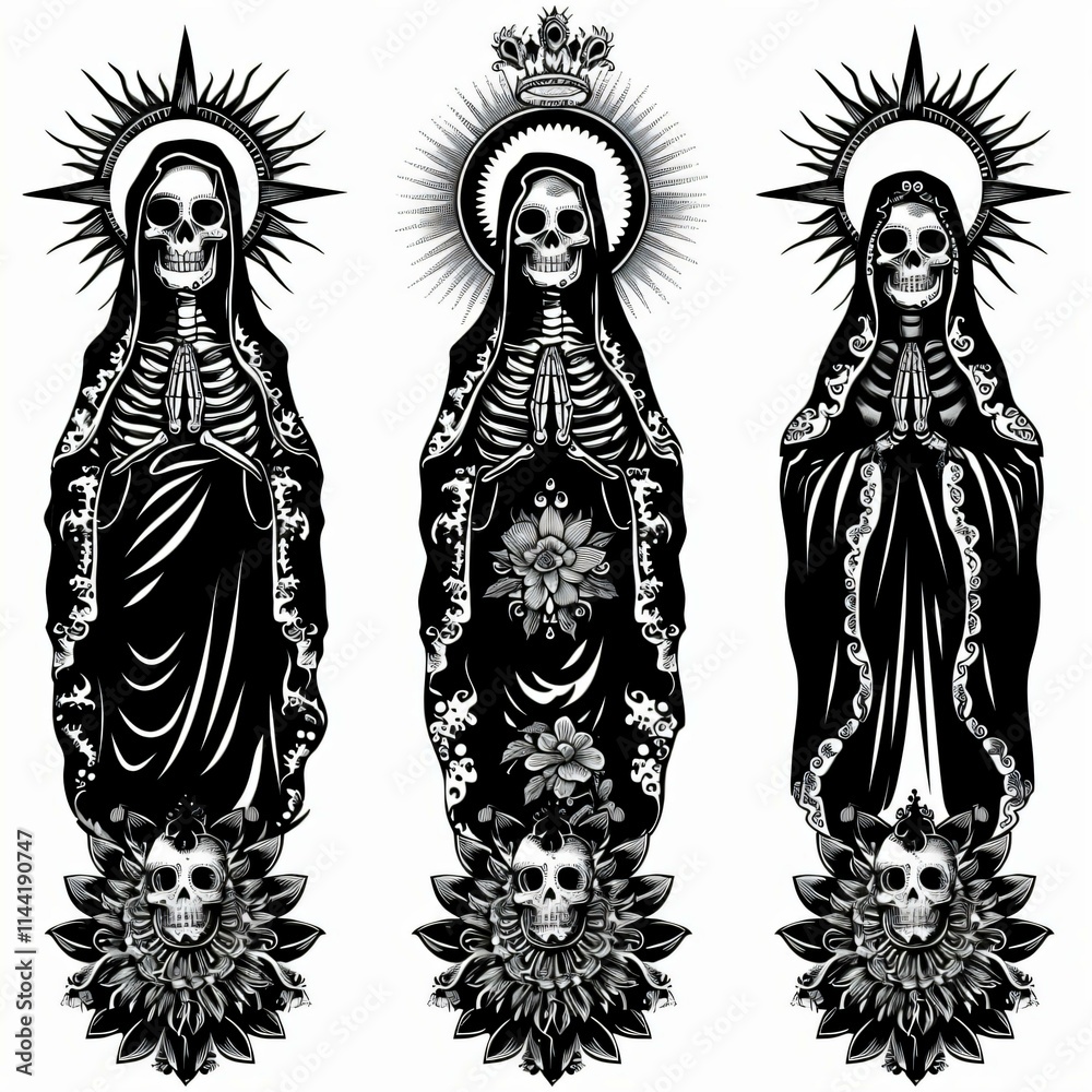 Santa Muerte Mexican deity associated death is depicted three styles ...