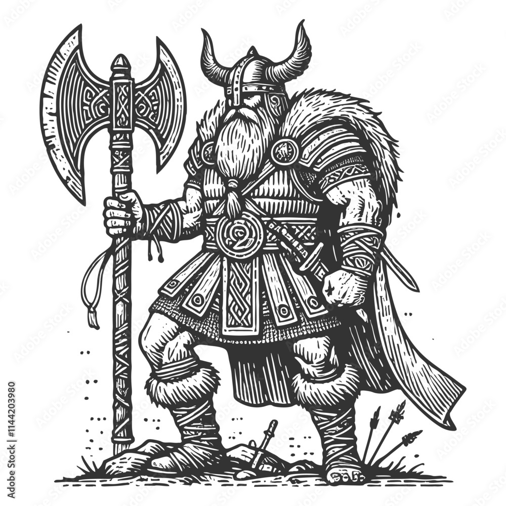 Viking warrior with a horned helmet, flowing beard, battle axe, and a ...
