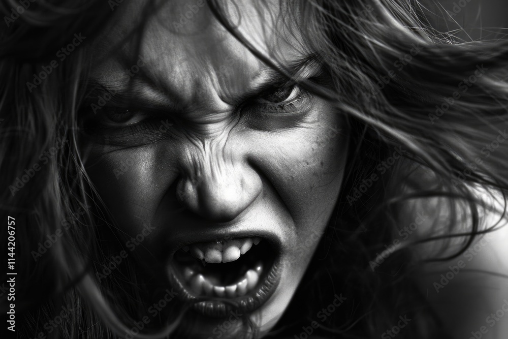 Crazy Woman screams in anger, a furious display of rage and folly Stock ...