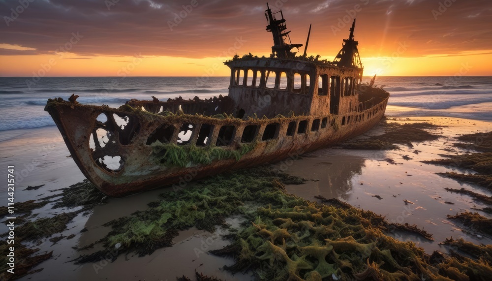 Abandoned shipwreck on beach at sunset with rusted hull, overgrown ...