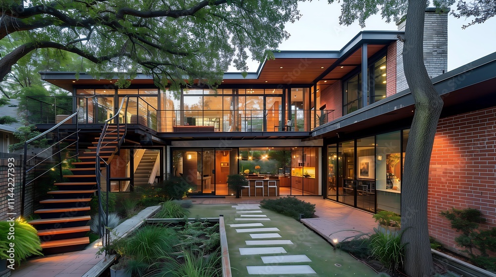 L-shaped contemporary house design with a central courtyard, floating ...