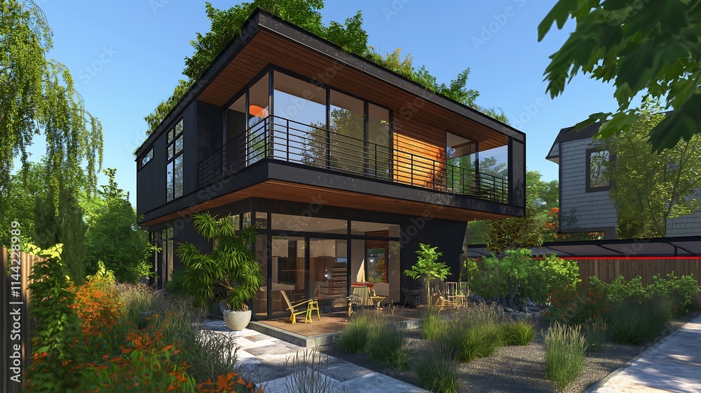 Modern home exterior with a cantilevered second floor, black metal ...