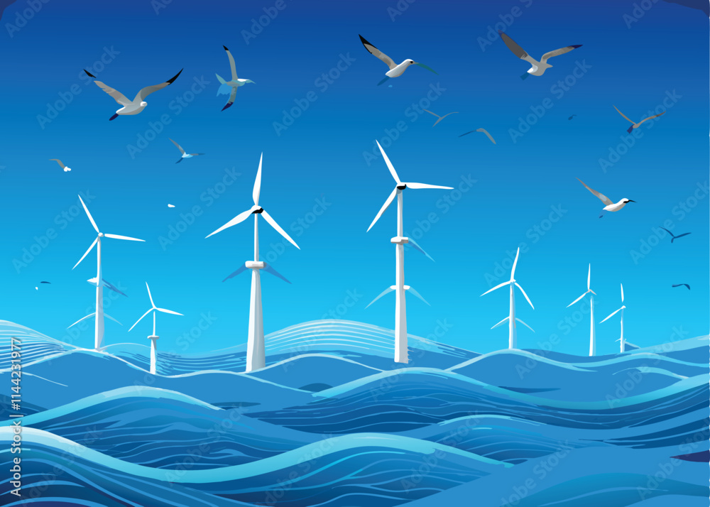 Create a detailed vector illustration of an offshore wind farm ...
