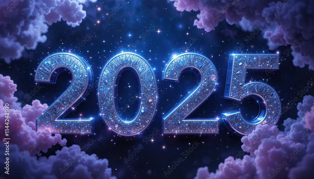 2025 written in a starry blue font surrounded by clouds and sparkling ...