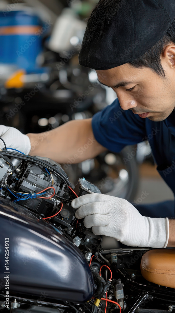 Mechanics repair engine testing. Mechanic repairing a motorcycle engine ...