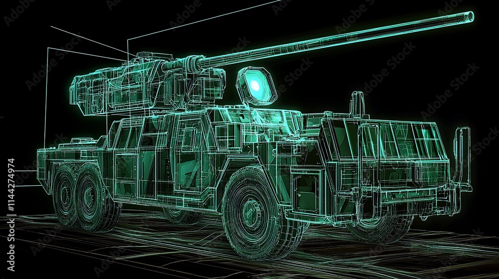 Holographic wireframe of a military self-propelled howitzer. Stock ...