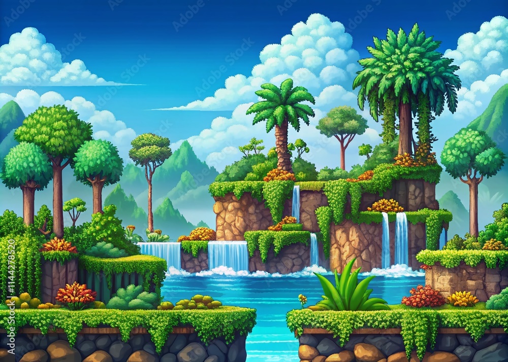 8-bit Pixel Art Platform Game Background, Retro Game Scenery, Side ...