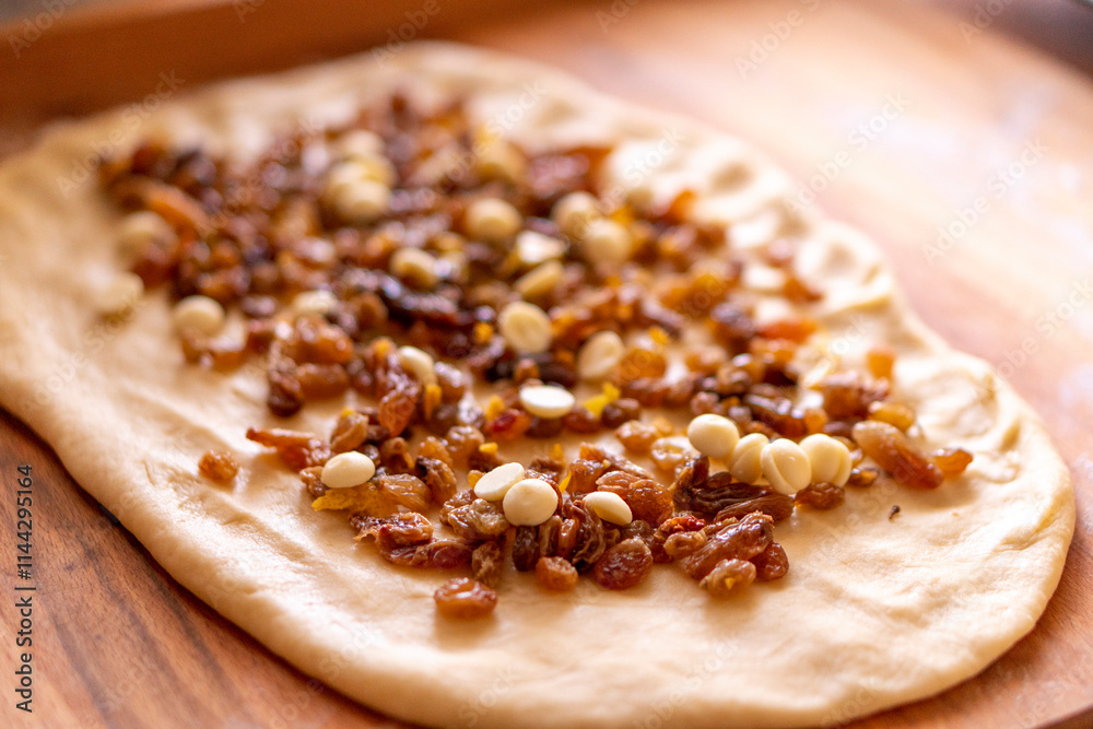 the process of making homemade pastries, dough, pie, stollen with ...