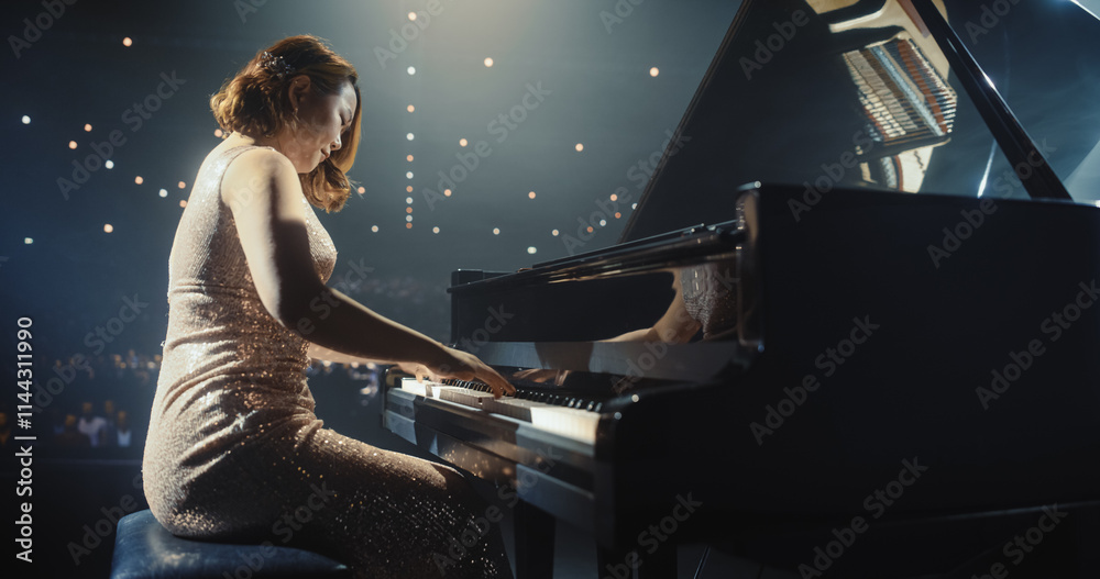 Masterful Music Artist Performing on Stage, Her Hands Moving Over the ...