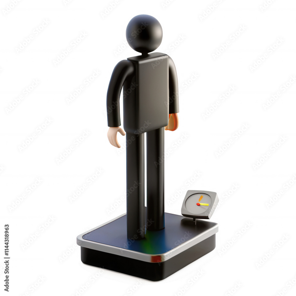 A stylish 3D model depicting a human figure standing on a weighing ...