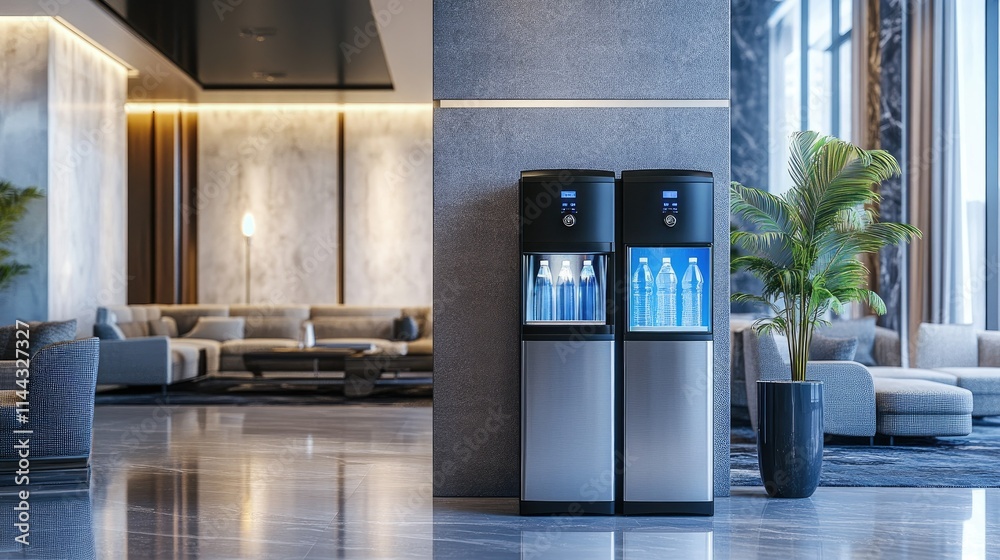 A modern water cooler with hot, cold, and ambient water options shown ...