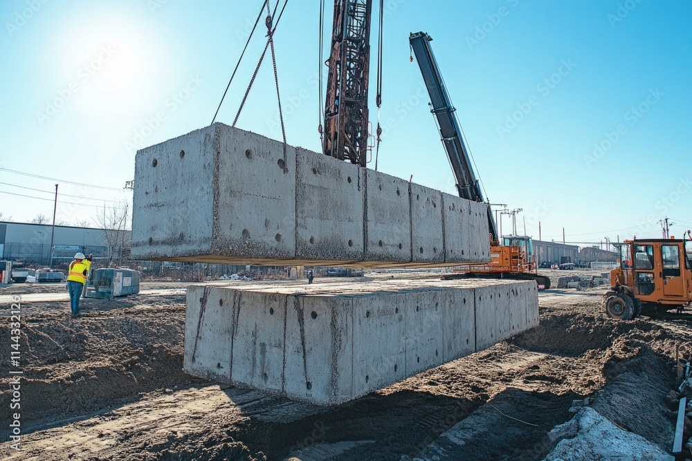 Mobile crane lifting precast concrete blocks during infrastructure ...
