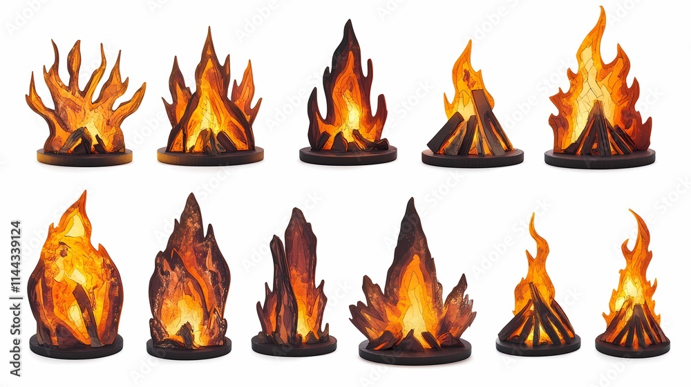 Various Decorative Flame Designs and Campfire Symbols in Warm Color ...