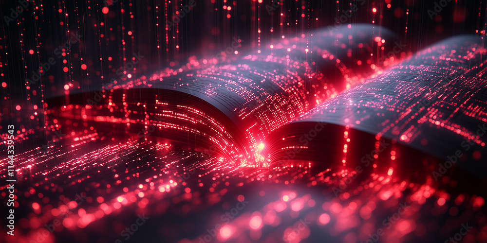 Open book turning pages into digital data streams representing AI ...