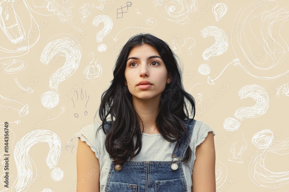 Zdjęcie bez tantiem: Collage of a woman in overalls with long dark hair ...