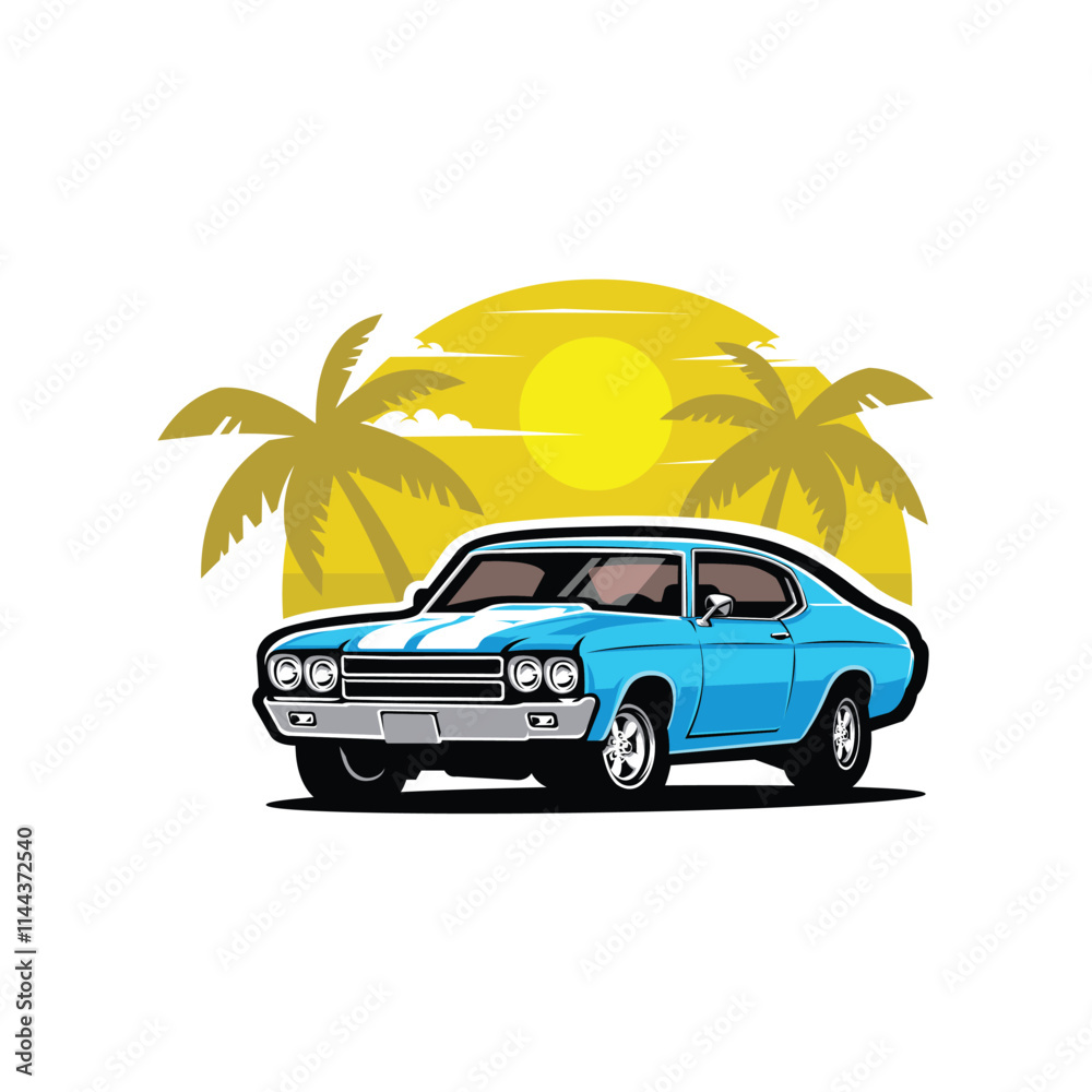 American Muscle Car in Beach Vector Art Illustration. Classic Retro ...