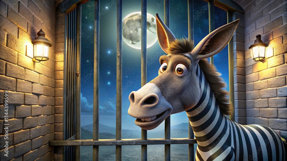 Cartoon Donkey Jailbird: Nighttime Prison Cell Escape Attempt Stock ...