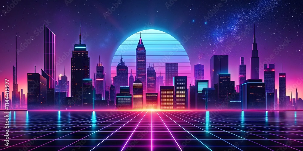Retro Futuristic Cityscape 80s Synthwave Background - Digital Art ...