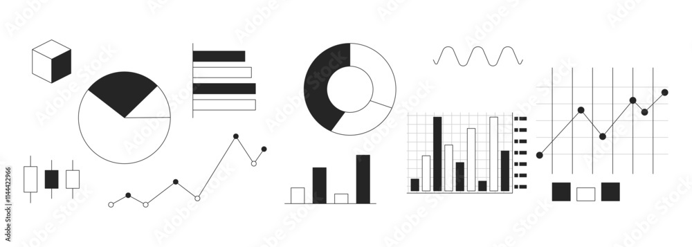 Data visualization charts black and white 2D line objects set. Piechart, bar graphs, scatter ...