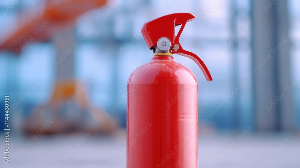 A bright red fire extinguisher stands prominently in a well-lit indoor ...