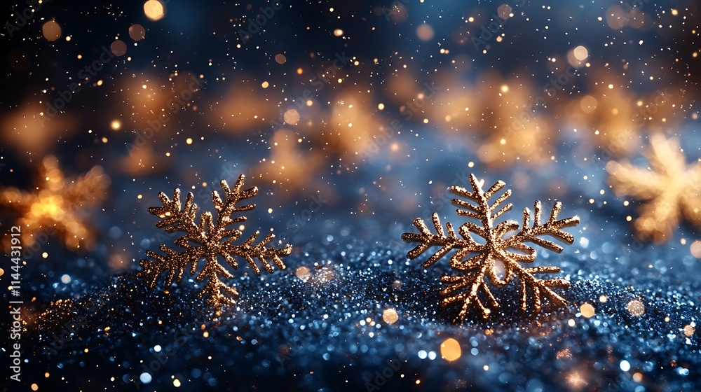 Snowflakes sparkle in a winter wonderland with golden bokeh lights ...