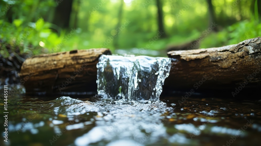 A gentle cascade of water overflows a moss-covered log in a lush forest ...