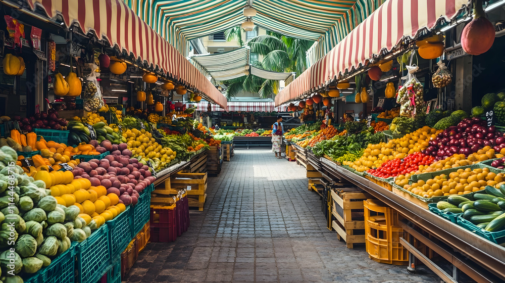 Bangkok Fresh Market with tropical fruits and vegetable displays ...