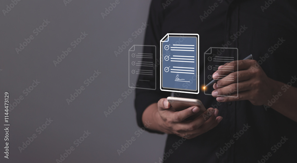 Young man with smartphone mobile hand using a pen touching to sign a ...