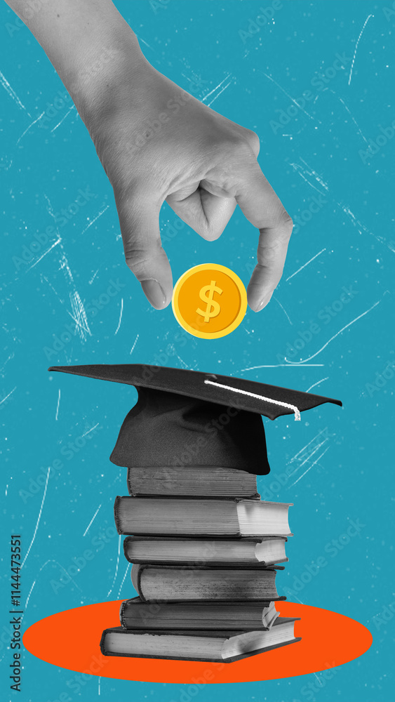 Modern art art collage depicting paying money, for education. Stock ...