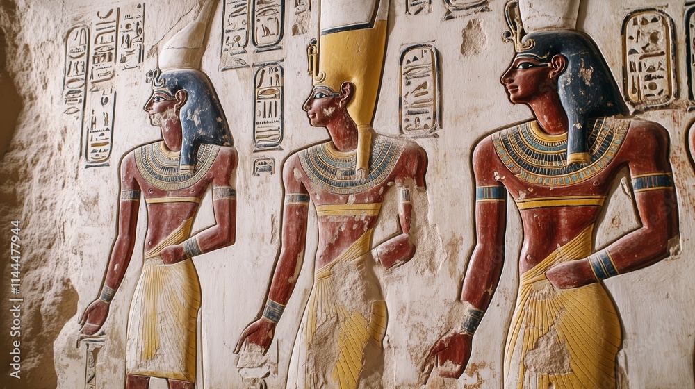 Intricate ancient Egyptian wall art depicting deities in classic relief ...