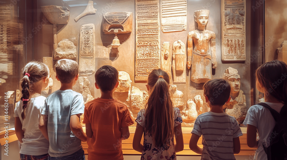 group of children admiring ancient artifacts in museum exhibit ...