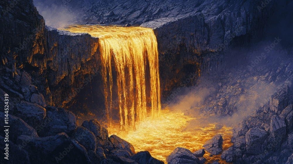 Fantasy waterfalls with yellow fluid streams. Vector cartoon ...