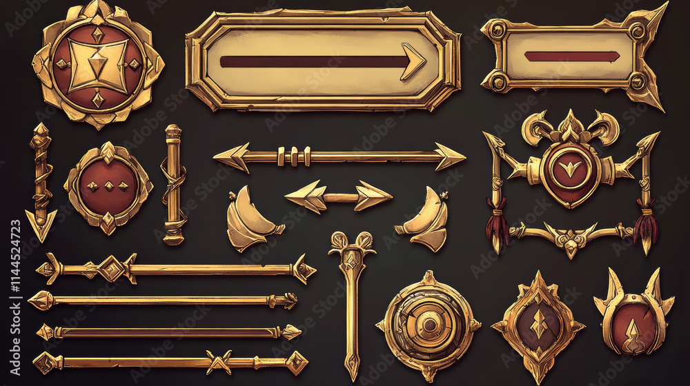 Game UI elements with gold frames in medieval style. Buttons, banners different shapes, progress ...