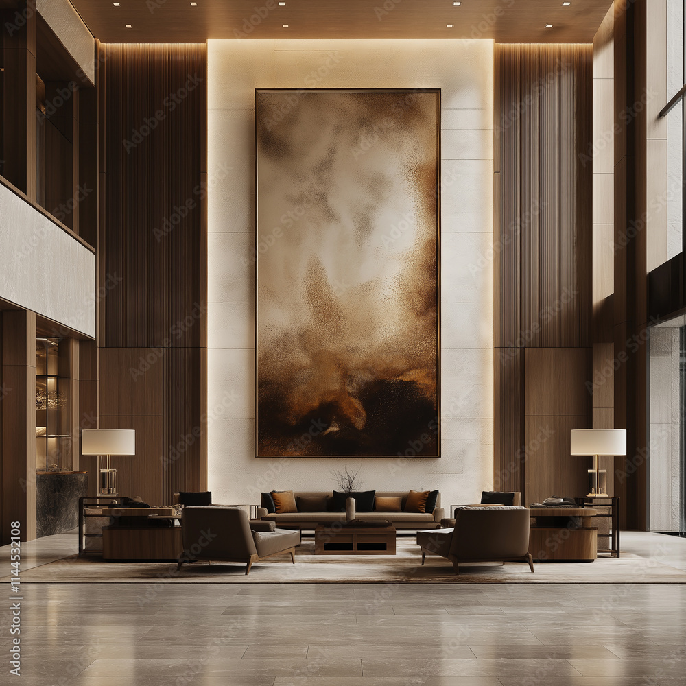 A modern hotel lobby interior, with a luxurious, high-end design. The ...