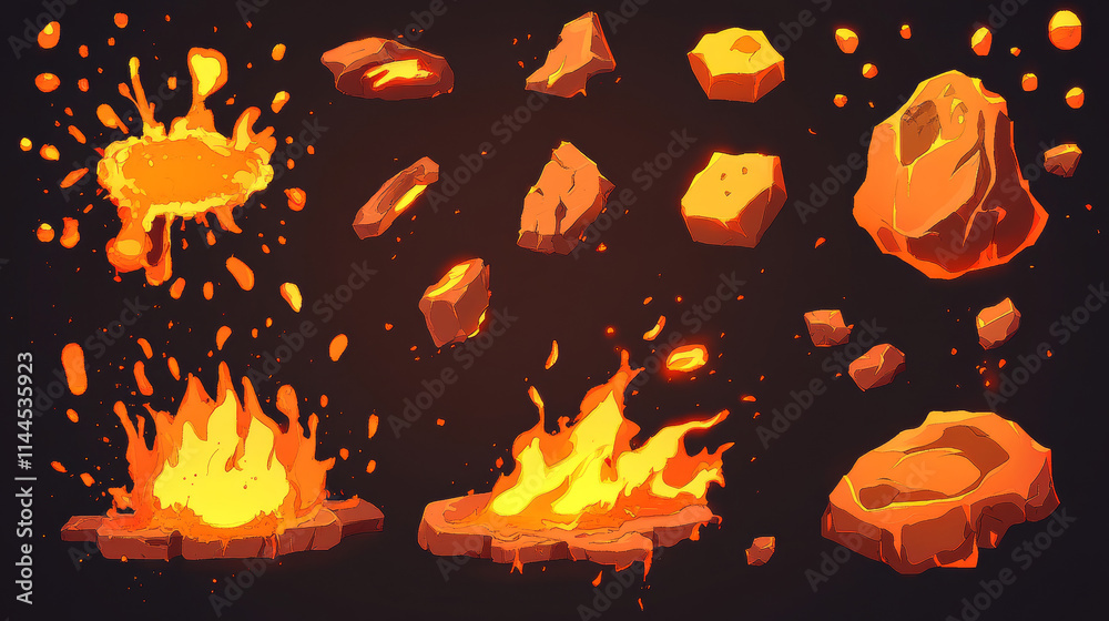 Fire and lava game effect. Magma and rock cartoon ui 2d set. Magic ...