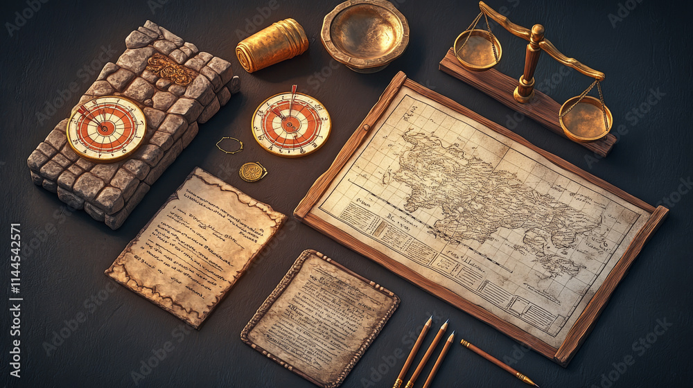 Game icons of target, map, clipboard and scales. 3d game props, dart ...