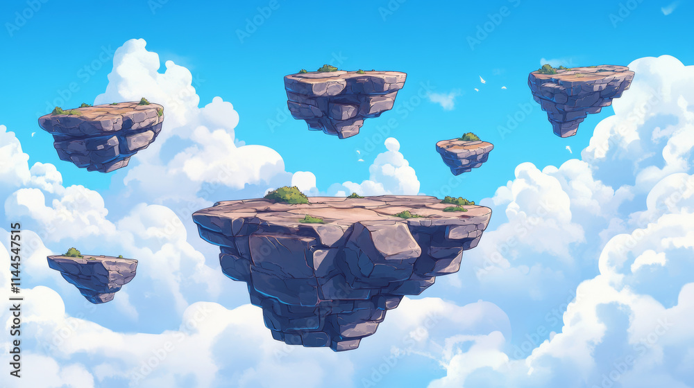 Gray stone floating islands in blue sky with clouds - game flying rock ...
