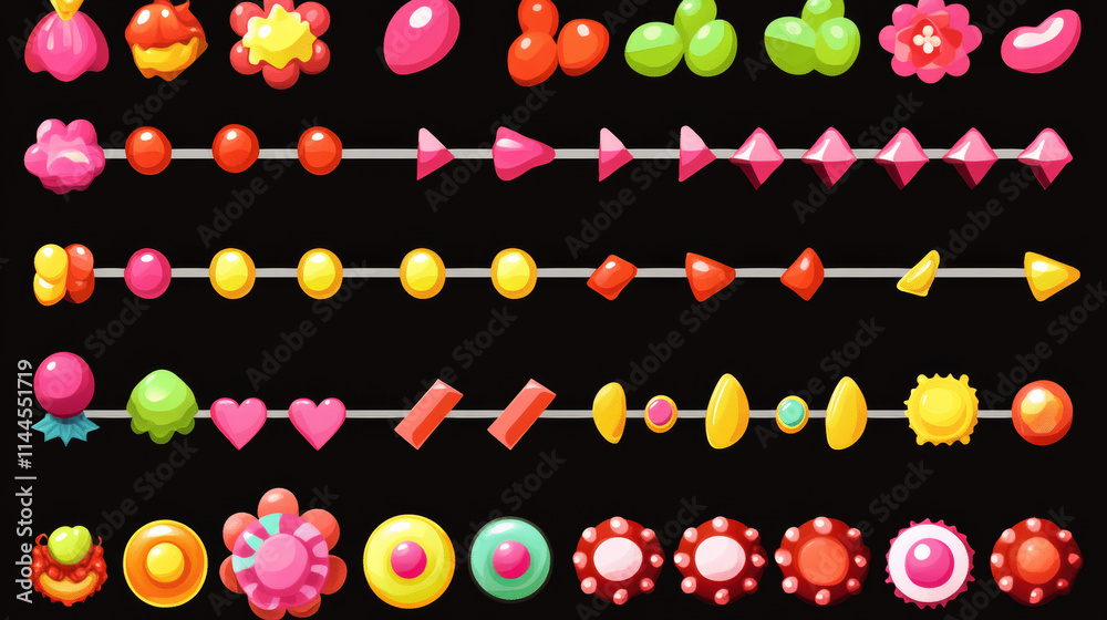 Candy game ui buttons set isolated on black background. Vector cartoon ...