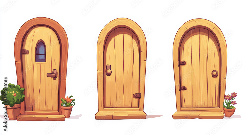 Door opening process steps. Cartoon vector illustration set of wooden ...
