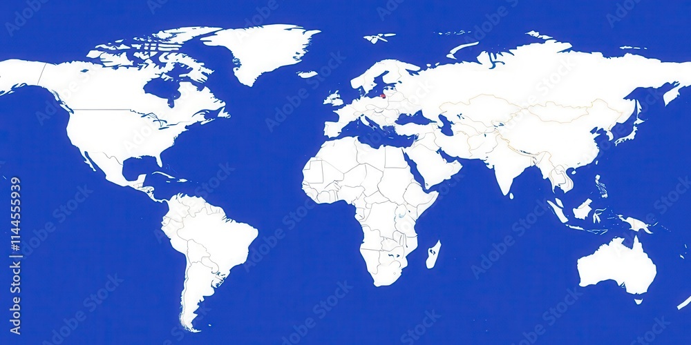 World political map in blue and white colors depicting countries and ...
