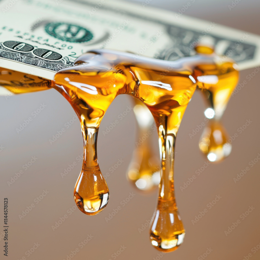 Melting dollar bill with golden liquid dripping, symbolizing inflation ...