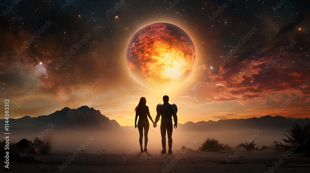 Advanced sci-fi armor and AI aesthetic with two characters holding ...