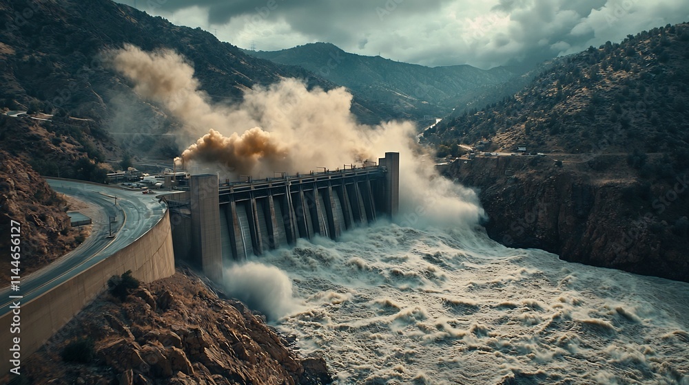 Massive hydroelectric power plant with a towering dam holding back a ...