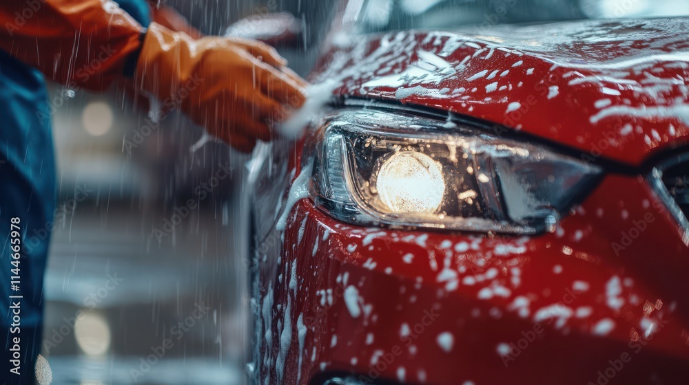 Concept of vehicle care, detailing and cleanliness with a worker ...