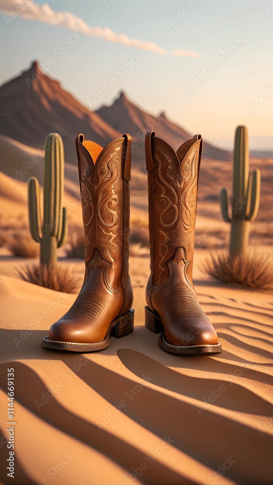 Rich brown cowboy boots in the golden desert light, with a cactus ...