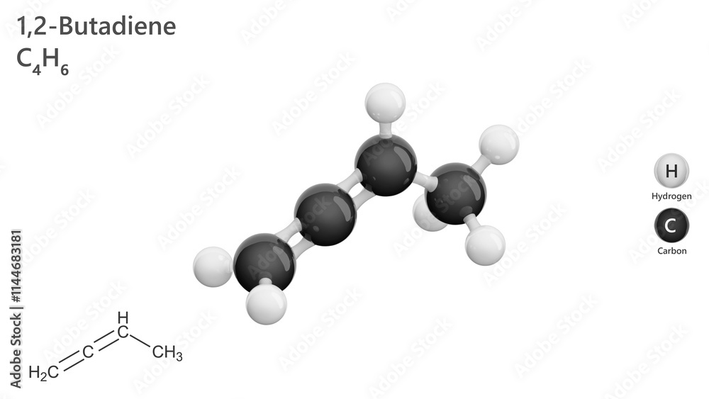 Molecule: 1,2-Butadiene. Alkene. Gas. Molecular structure. Formula ...