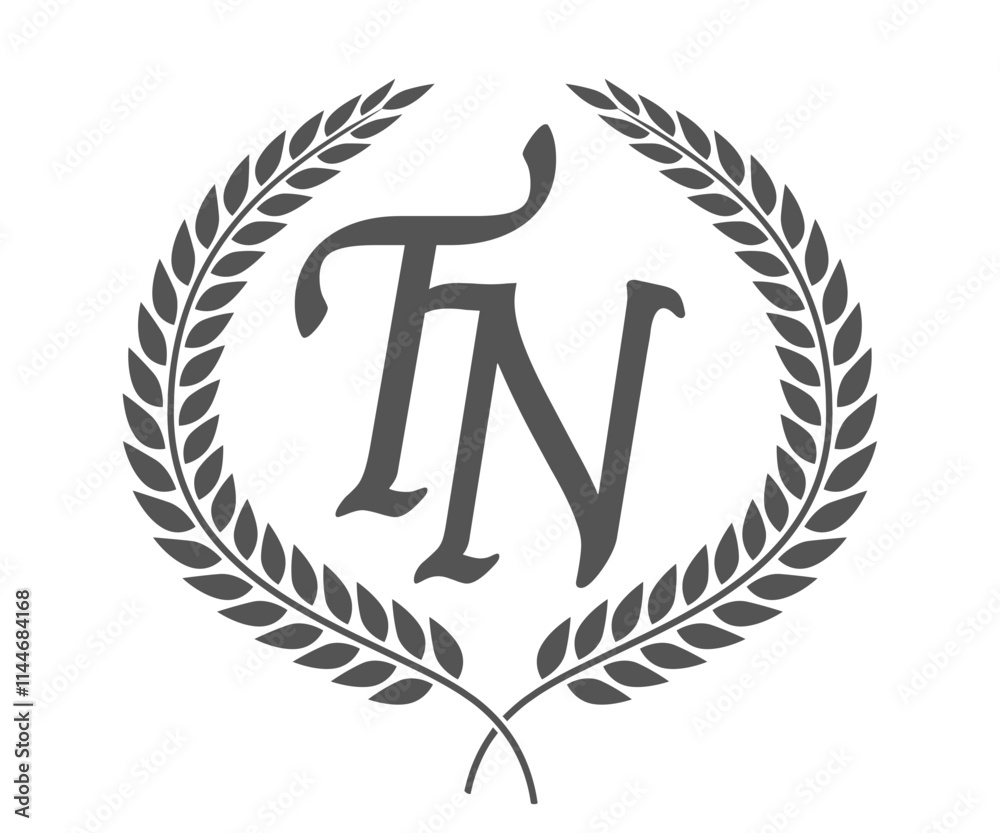 Initial letter T and N, TN monogram logo design with laurel wreath ...