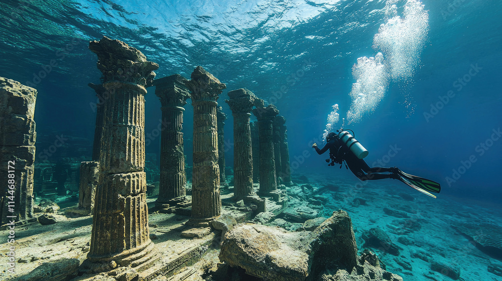 Columns of Ancient temple underwater, scuba diver explores old building ...