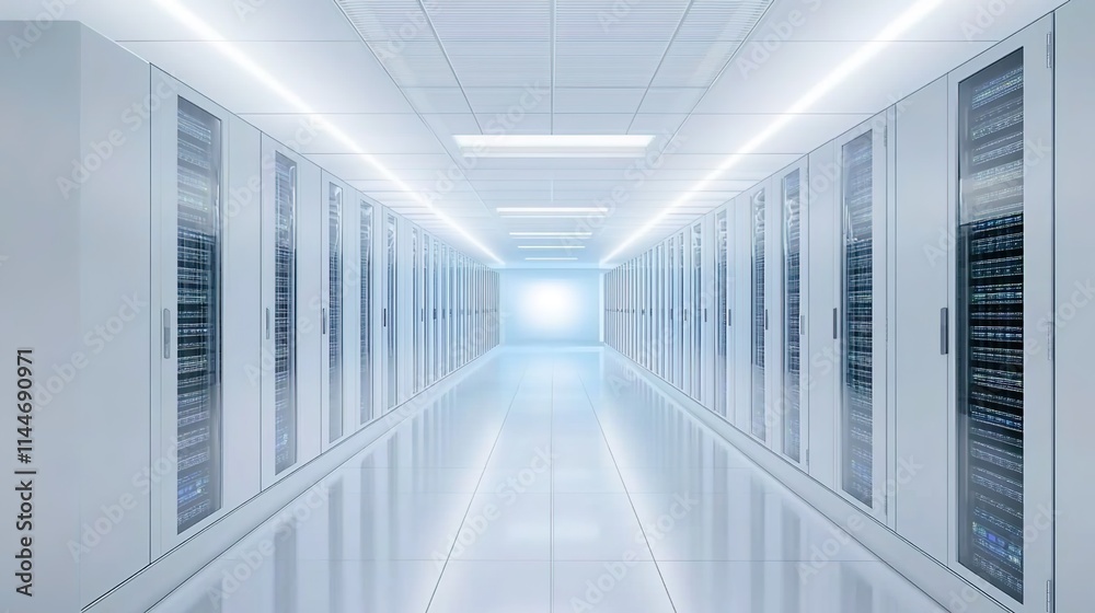 A white, modern server room with rows of advanced data center equipment ...